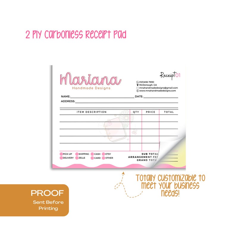 Personalized Carbonless Receipt Pad: 2-ply Small Business Invoice (4"x5 ...