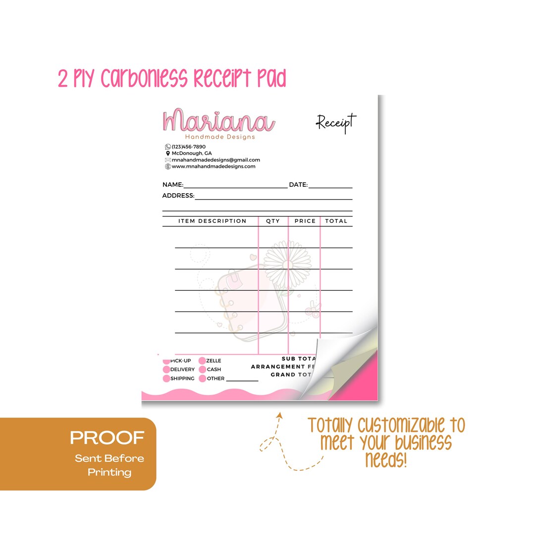 Personalized Carbonless Receipt Pad: Small Business Invoice (4x5, 3ply ...