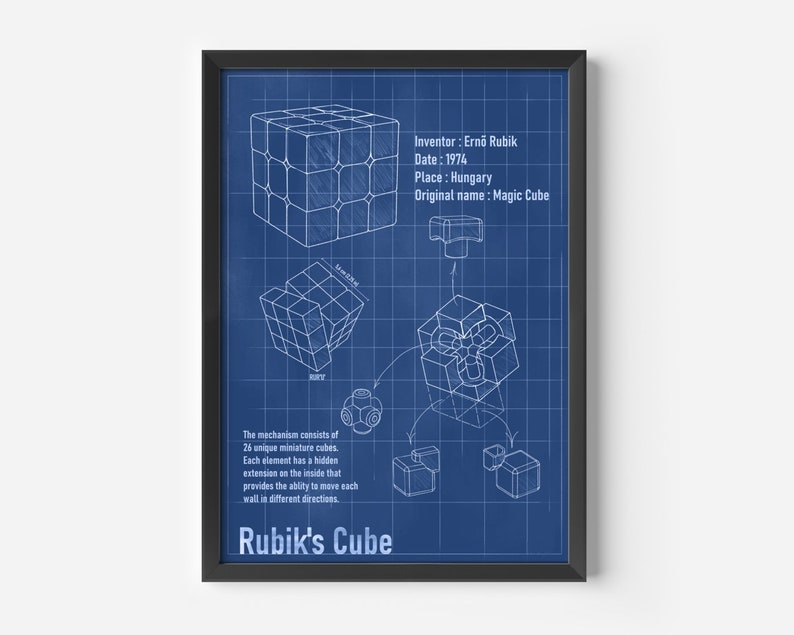Rubik's Cube Mechanism Blueprint Patent Printable Wall Art - Etsy