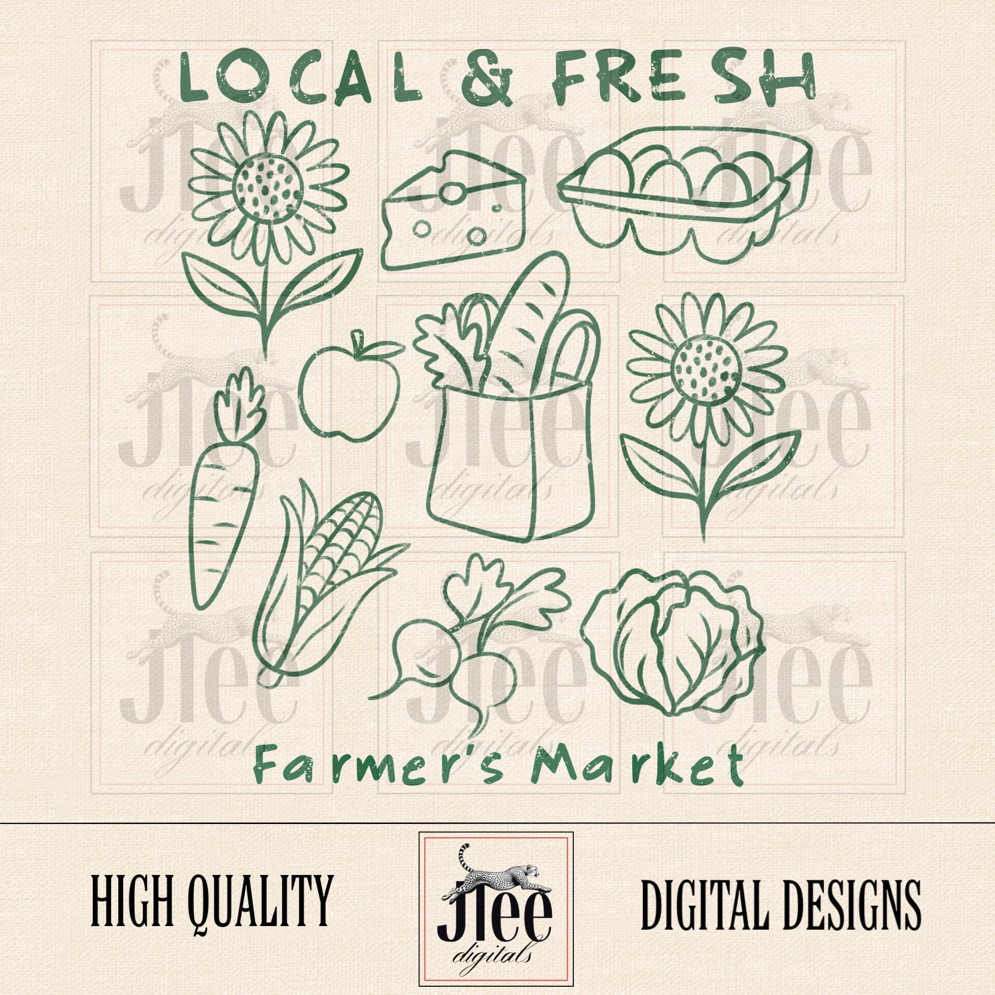 Farmers Market PNG: Retro Fruit & Vegetable Illustration (digital ...
