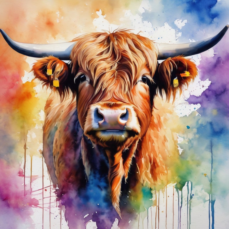 Colourful Highland Cow Digital Art Bundle| Rainbow Animal Wall Art ...
