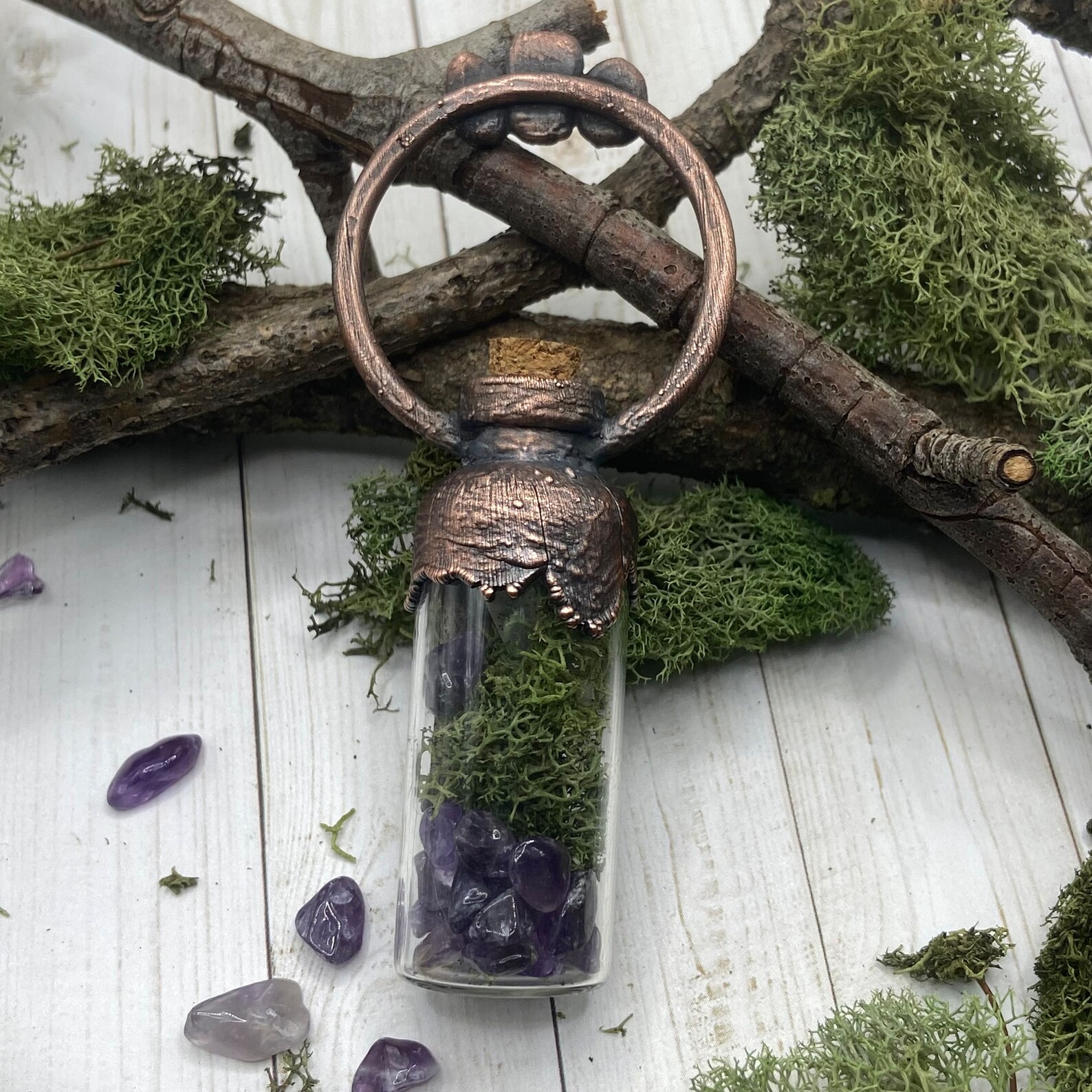 LARGE Amethyst Spell Jar Electroformed Pendant, Witch Jewelry, Moss ...