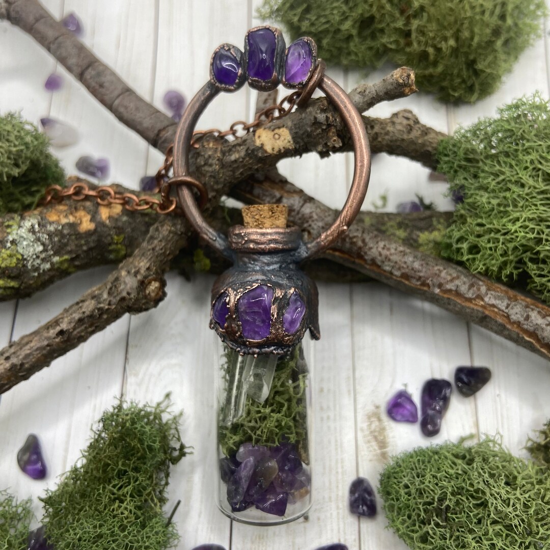 LARGE Amethyst Spell Jar Electroformed Pendant, Witch Jewelry, Moss ...