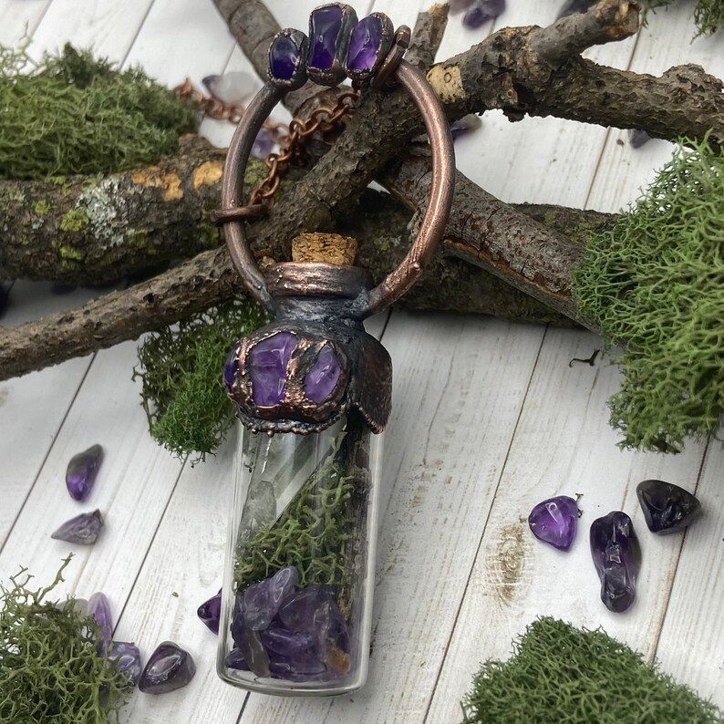 LARGE Amethyst Spell Jar Electroformed Pendant, Witch Jewelry, Moss ...