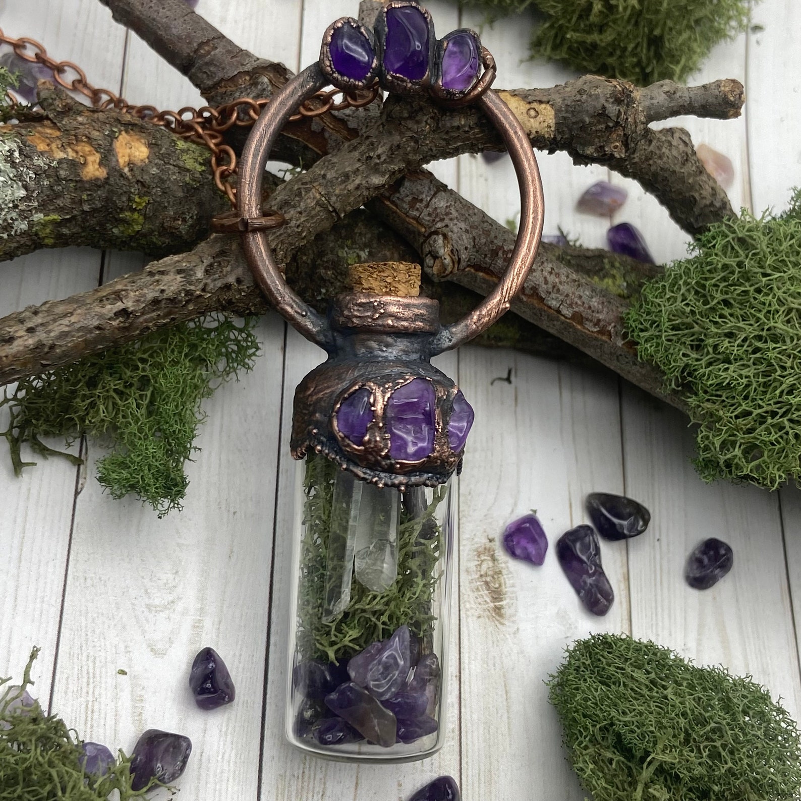 LARGE Amethyst Spell Jar Electroformed Pendant, Witch Jewelry, Moss ...