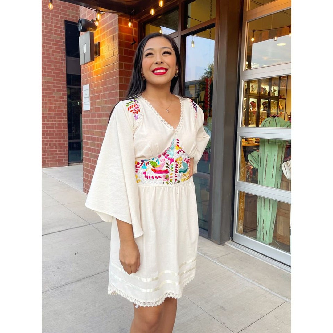 S-XL Floral Embroidered Bell Sleeve Dress. Hand Embroidered Mexican ...