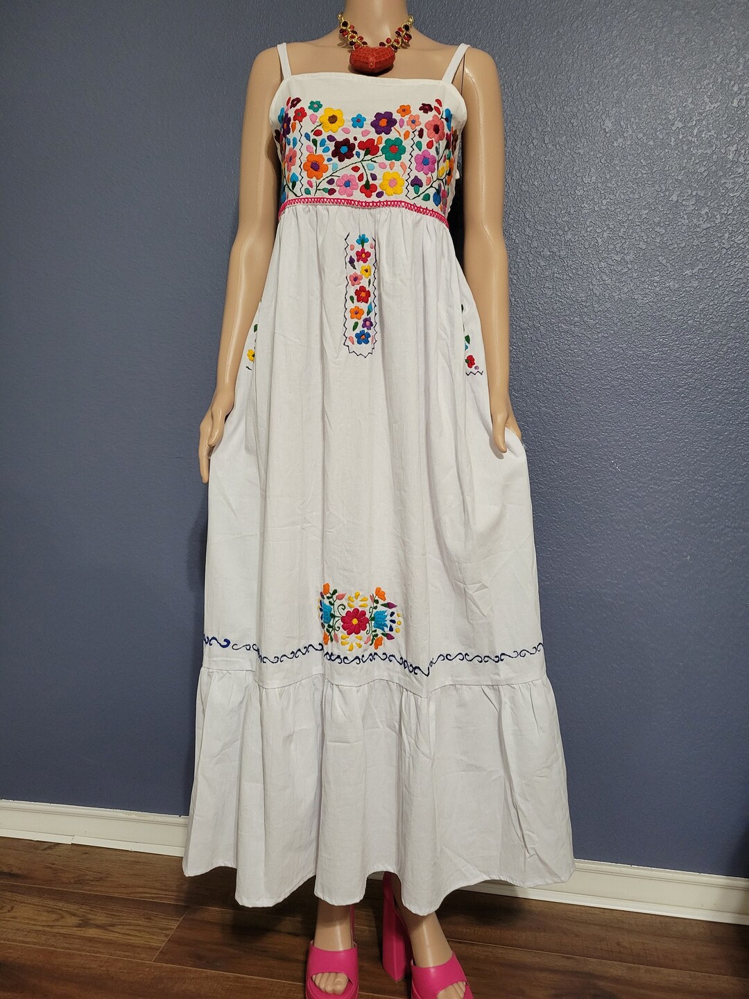 Mexican Floral Dress. Hippie-boho. Hand Embroidered Mexican Dress. Mexican Party Dress. Mexican ...