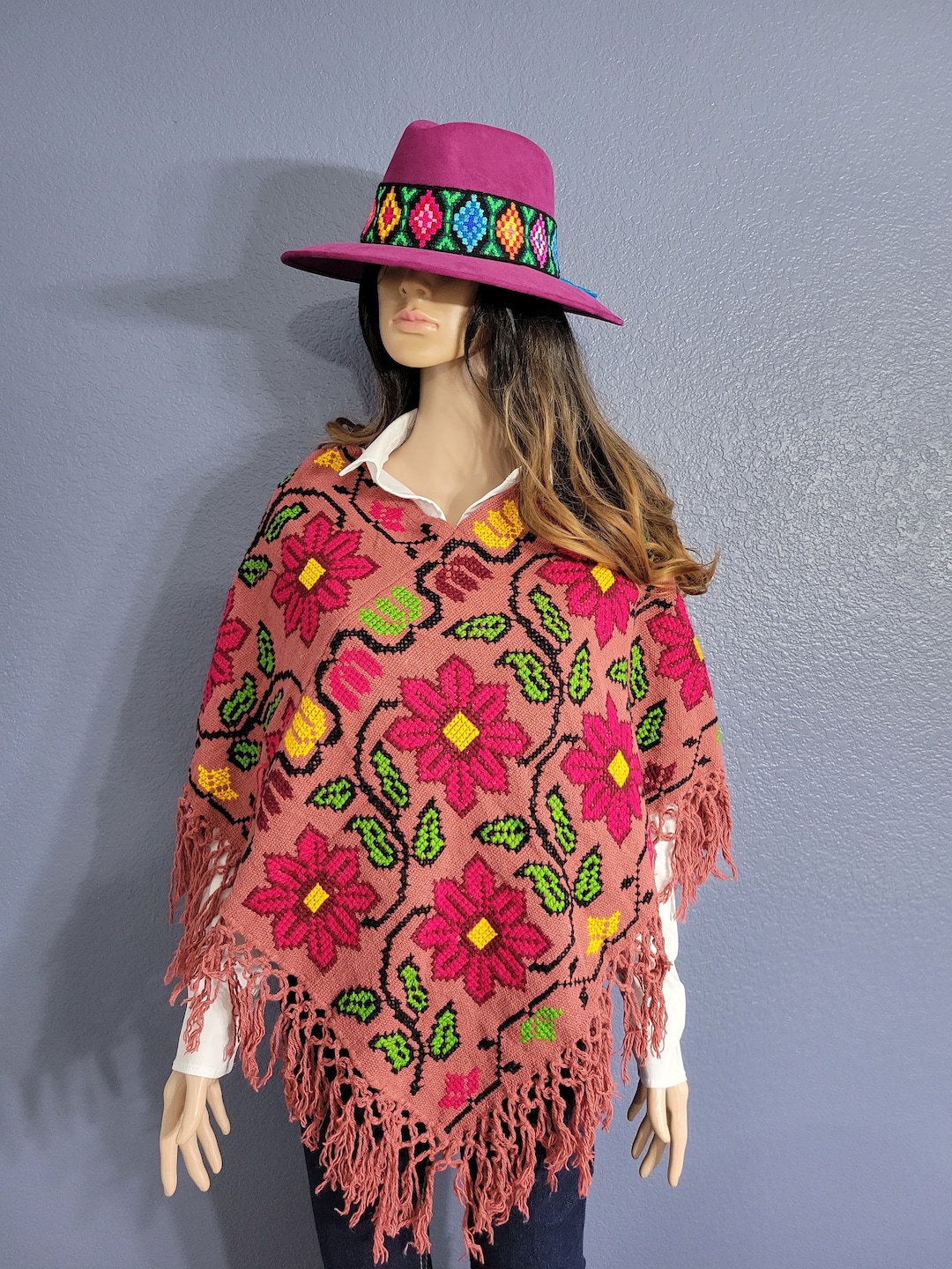 Hand Embroidered Mexican Poncho. Artisanal Mexican Poncho. Mexican ...