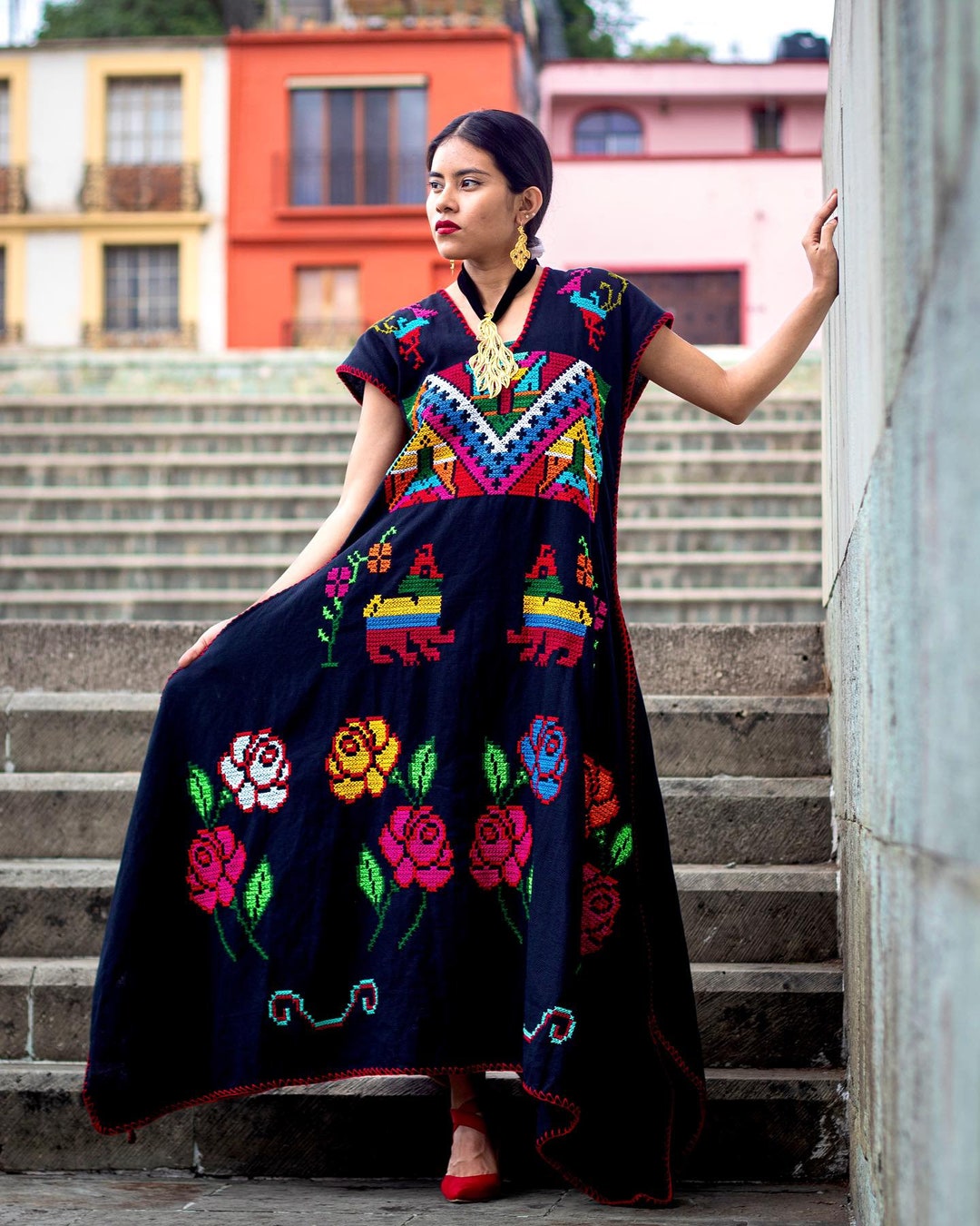 Long Maxi Mexican Dress, Hand Embroidered Mexican Dress, Mexican Floral ...