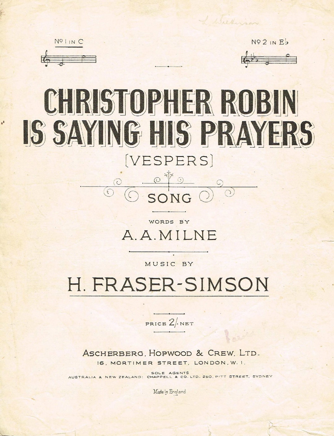 Christopher Robin is Saying His Prayers, Sheet Music Download for Voice ...