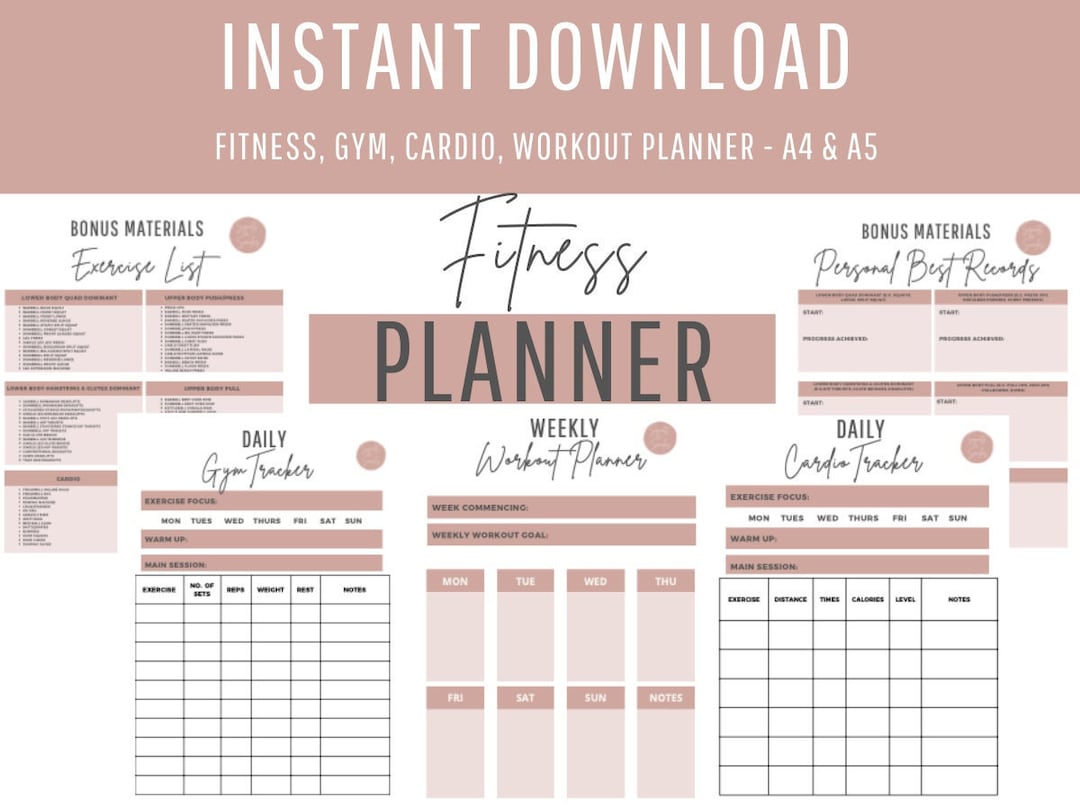 Printable Health and Fitness Planner Bundle Fitness Journal Cardio and ...