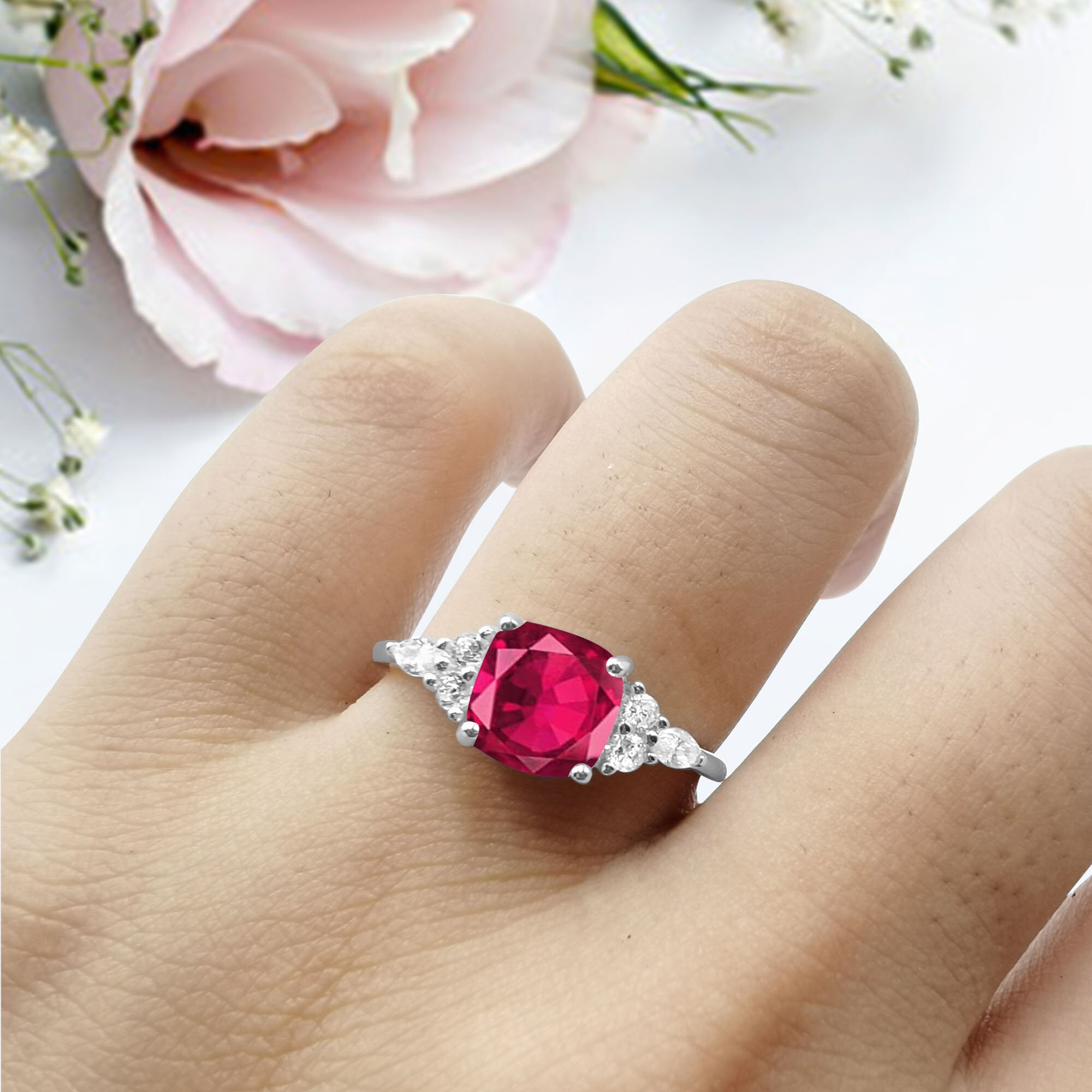 Cushion Cut Art Deco Engagement Ring Simulated Ruby | Etsy