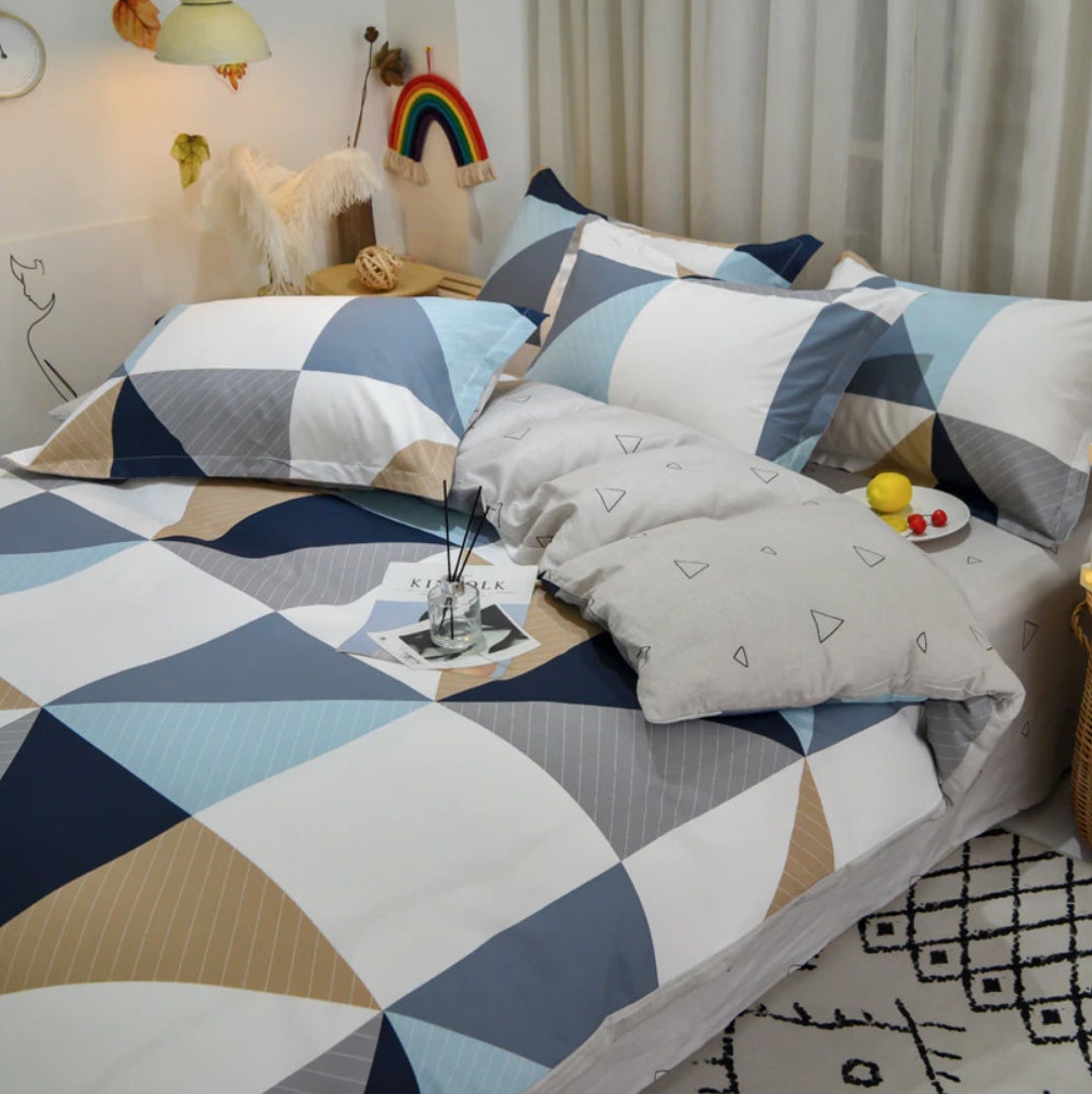 Blue Gray 100% Cotton Duvet Cover Set, Gray Striped Bedding, Floral ...