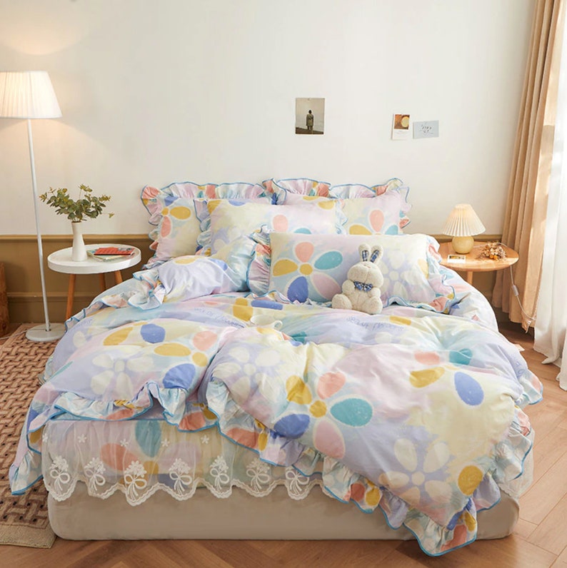 Ruffle Flower 100% Cotton Duvet Cover Set, Pink Blue Y2K Bedding ...