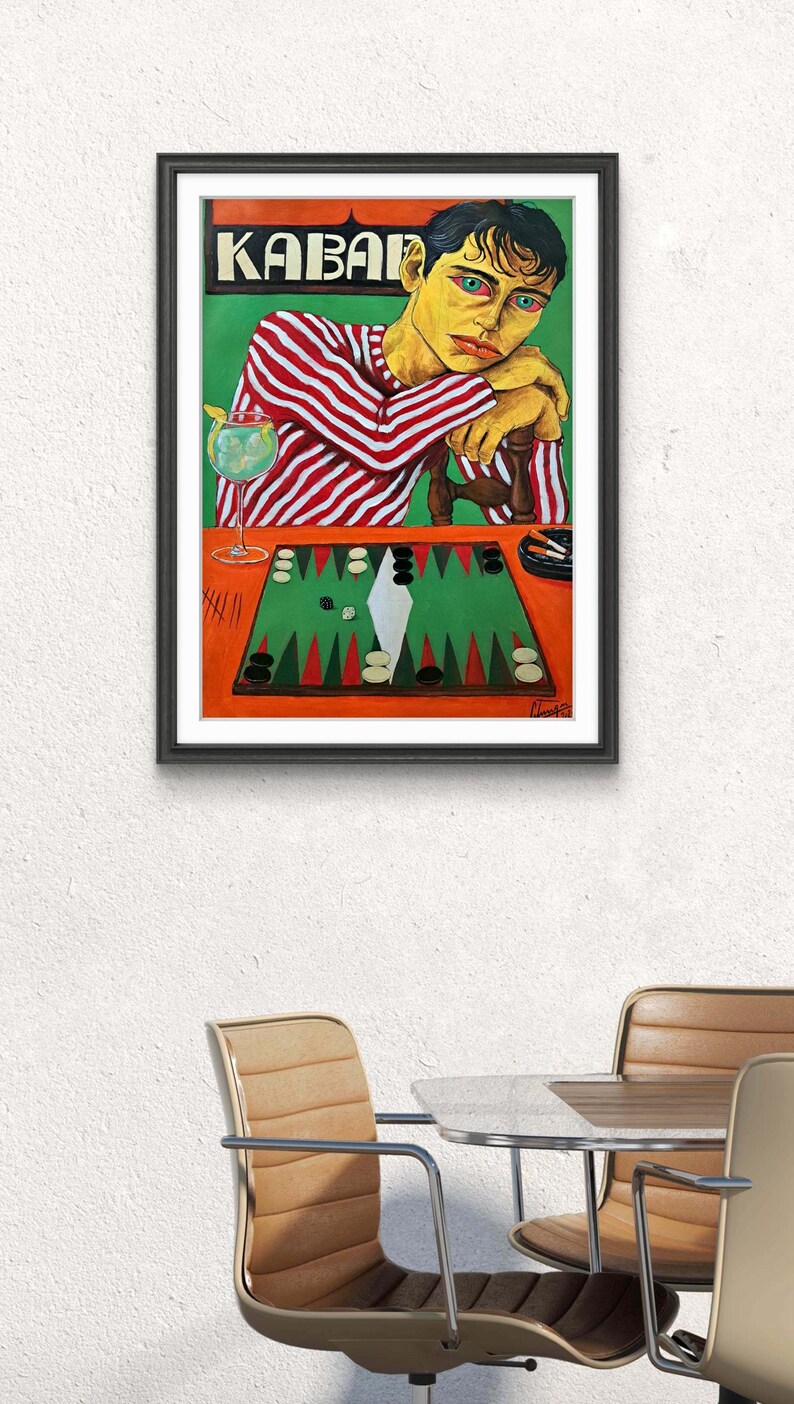 Original Art Male Portrait Painting: Playing Backgammon at Bar. Acrylic ...