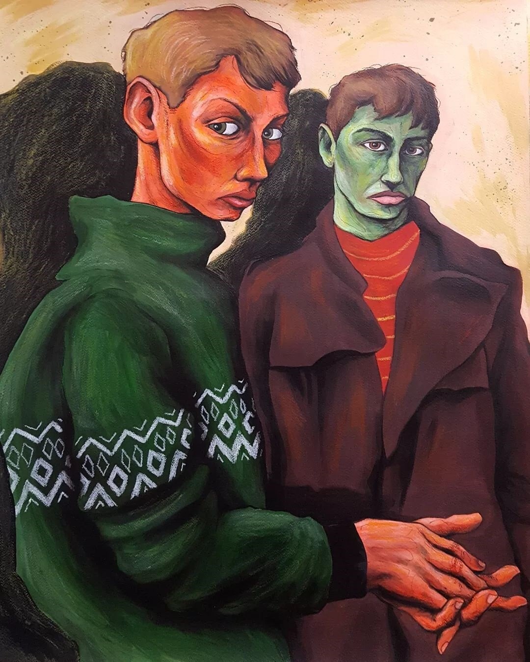 Expressionist Double Portrait Painting: Handmade Autumn Art (75x60cm ...