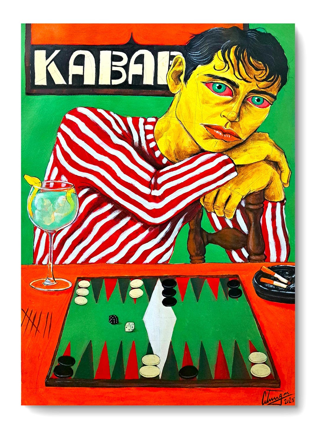 Original Art Male Portrait Painting: Playing Backgammon at Bar. Acrylic ...