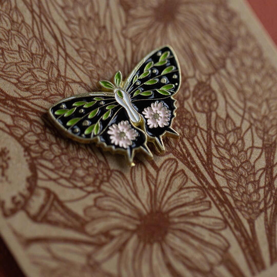 Moth Enamel Pin Metal Lapel Badge Flowers Floral Insects Handmade ...