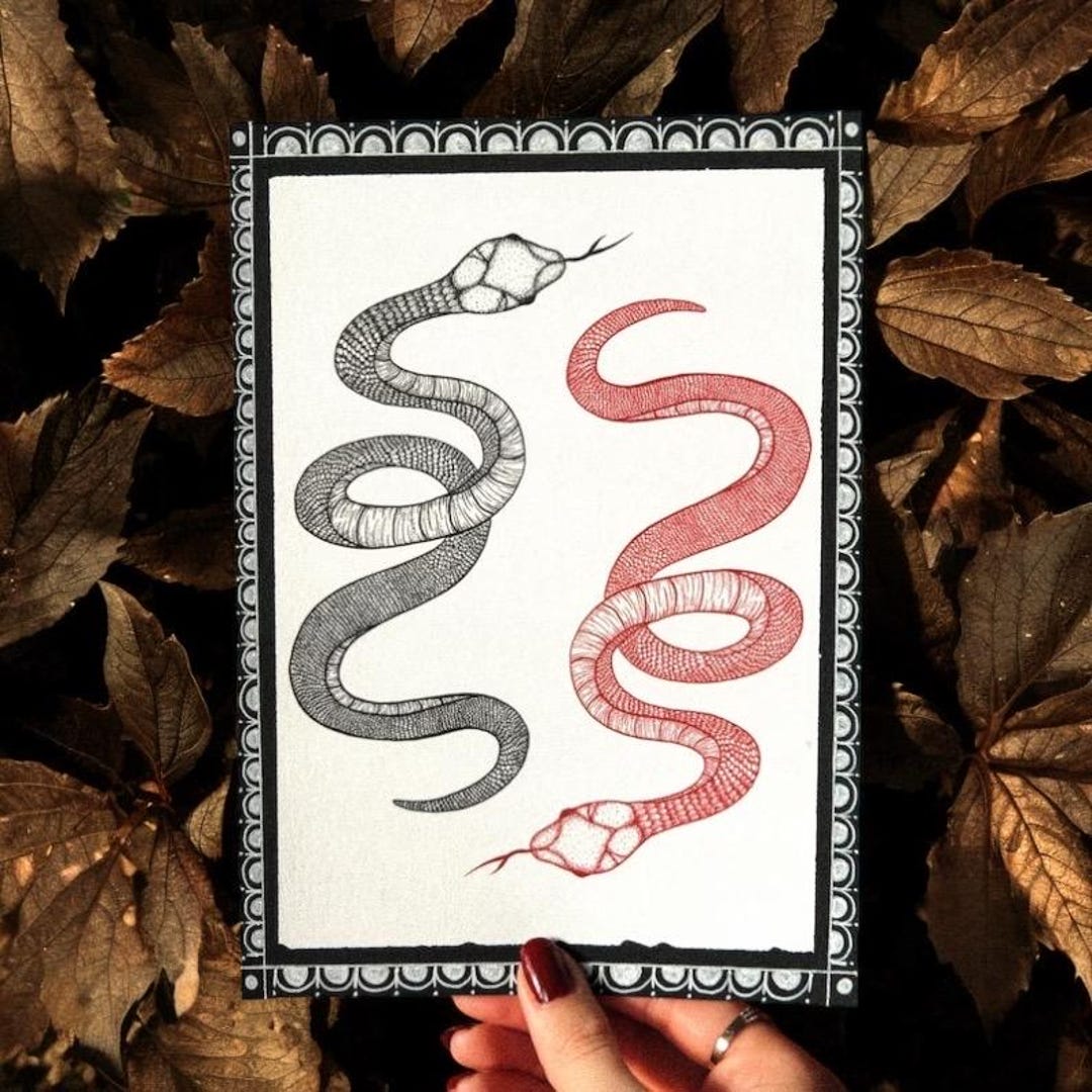 Hand Painted Snakes | Black & Red | A5 Art Print | Handmade Ink Serpent ...