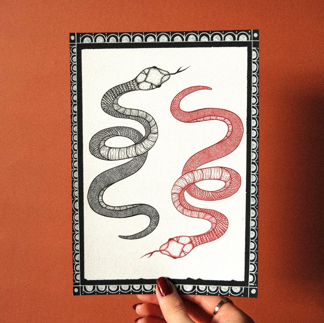 Hand Painted | Snakes | Pattern Border | Black | Red | A5 | Art Print ...