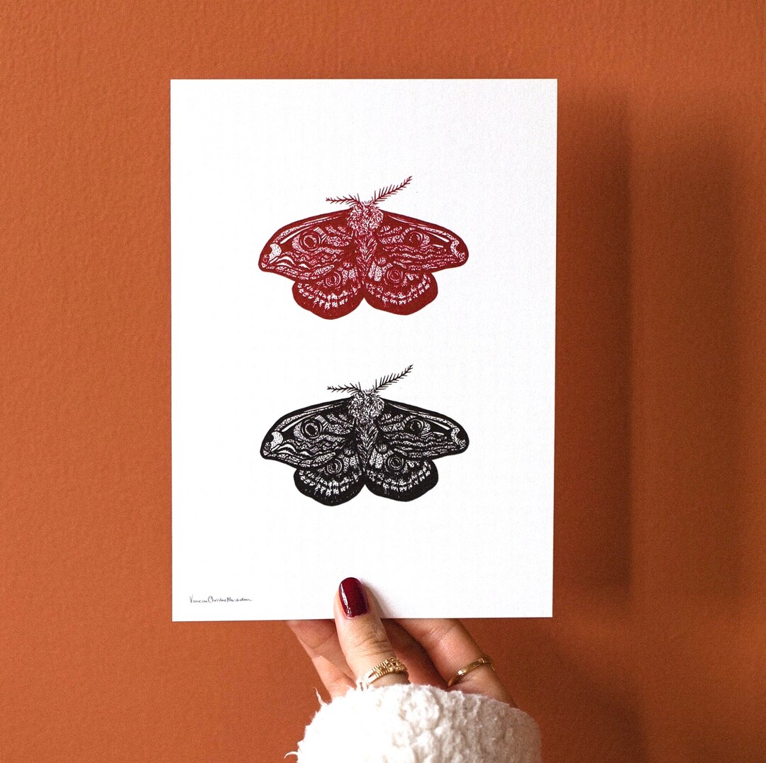 Emperor Moth | Black and Red | A5 | Art Print | Handmade | Hand Drawn ...