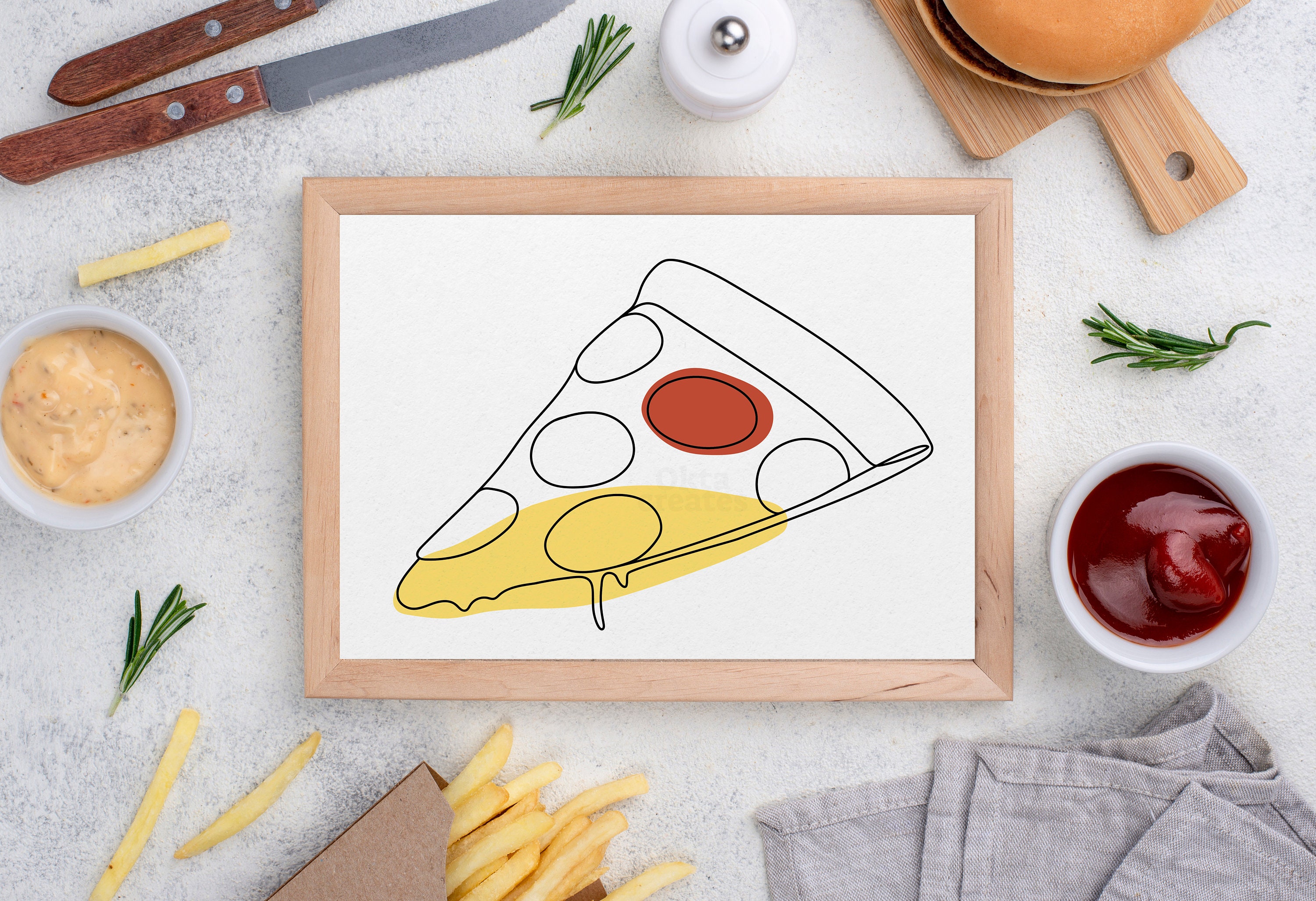 Pizza Slice One Line Art - Color Version, Line Drawing Artwork ...