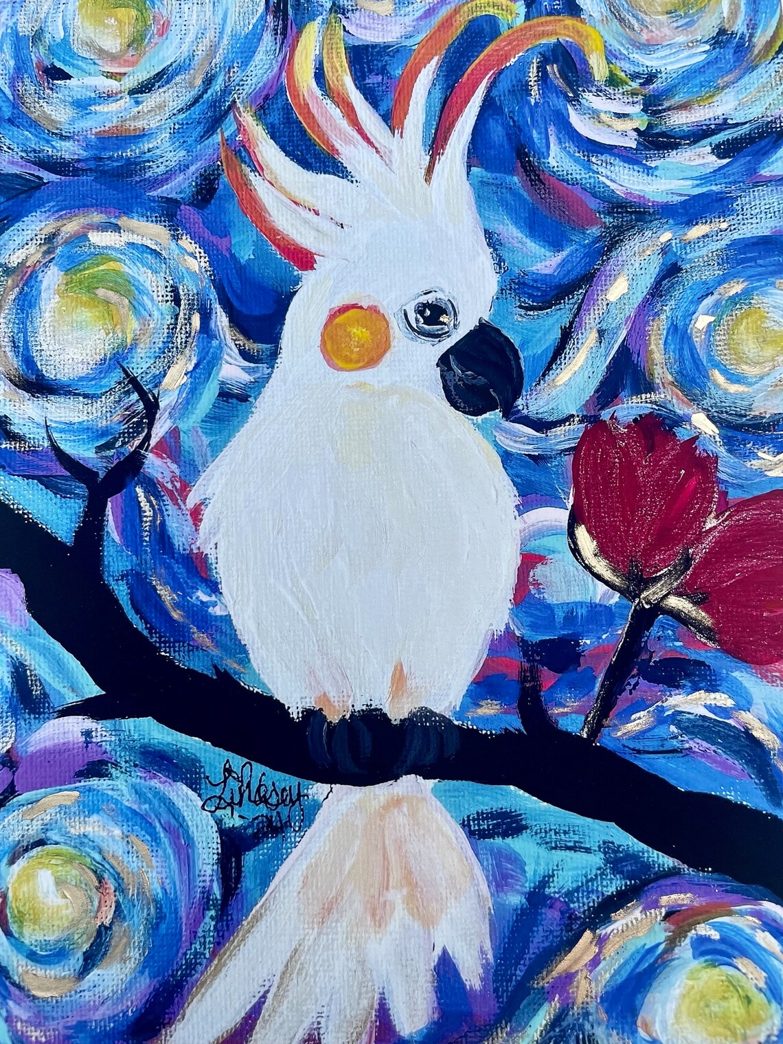 Cockatoo Print, ORIGINAL Cockatiel Art, Starry Night Inspired Painting ...