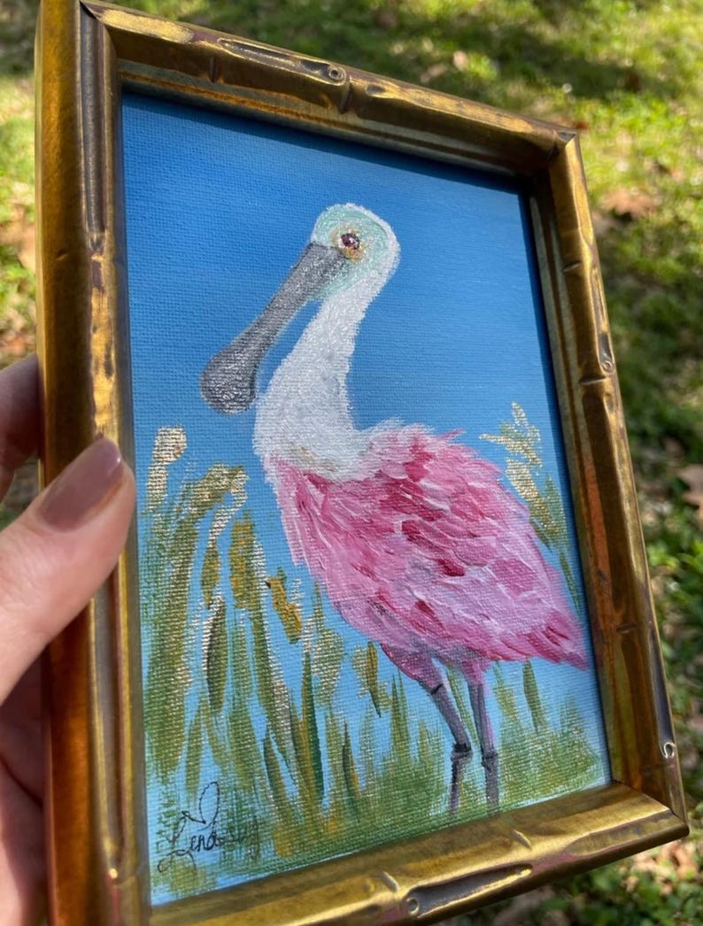 Original Roseate Spoonbill Painting: Bamboo Framed Coastal Art - Etsy