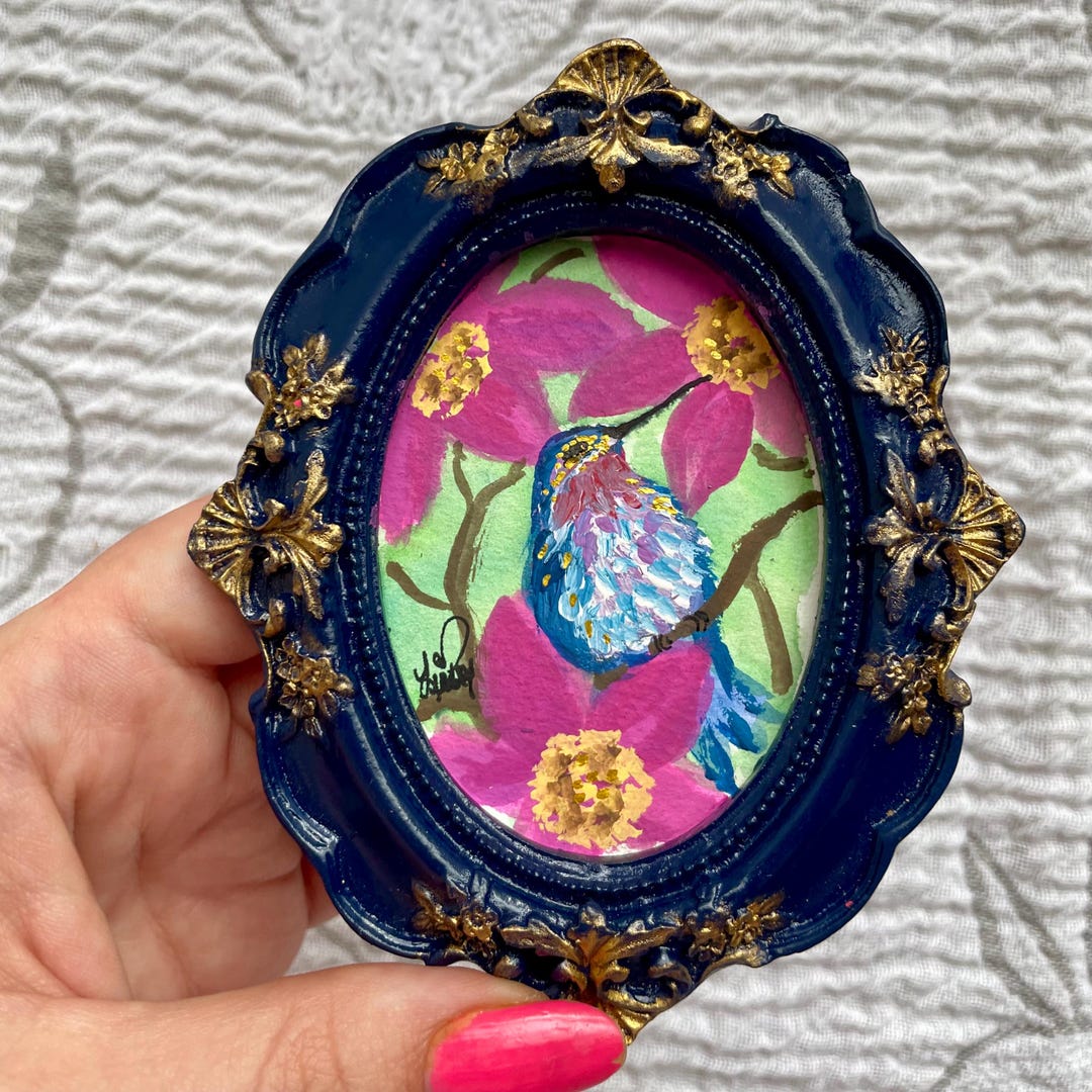 Hummingbird Miniature Painting: Ornate Royal Navy & Gold Frame, Signed ...
