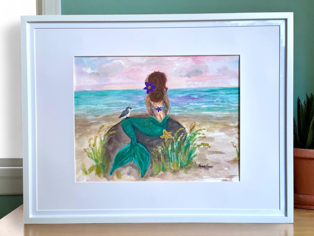 Original Mermaid Painting “ari” – Redhead Mermaid on Beach With Seagull ...