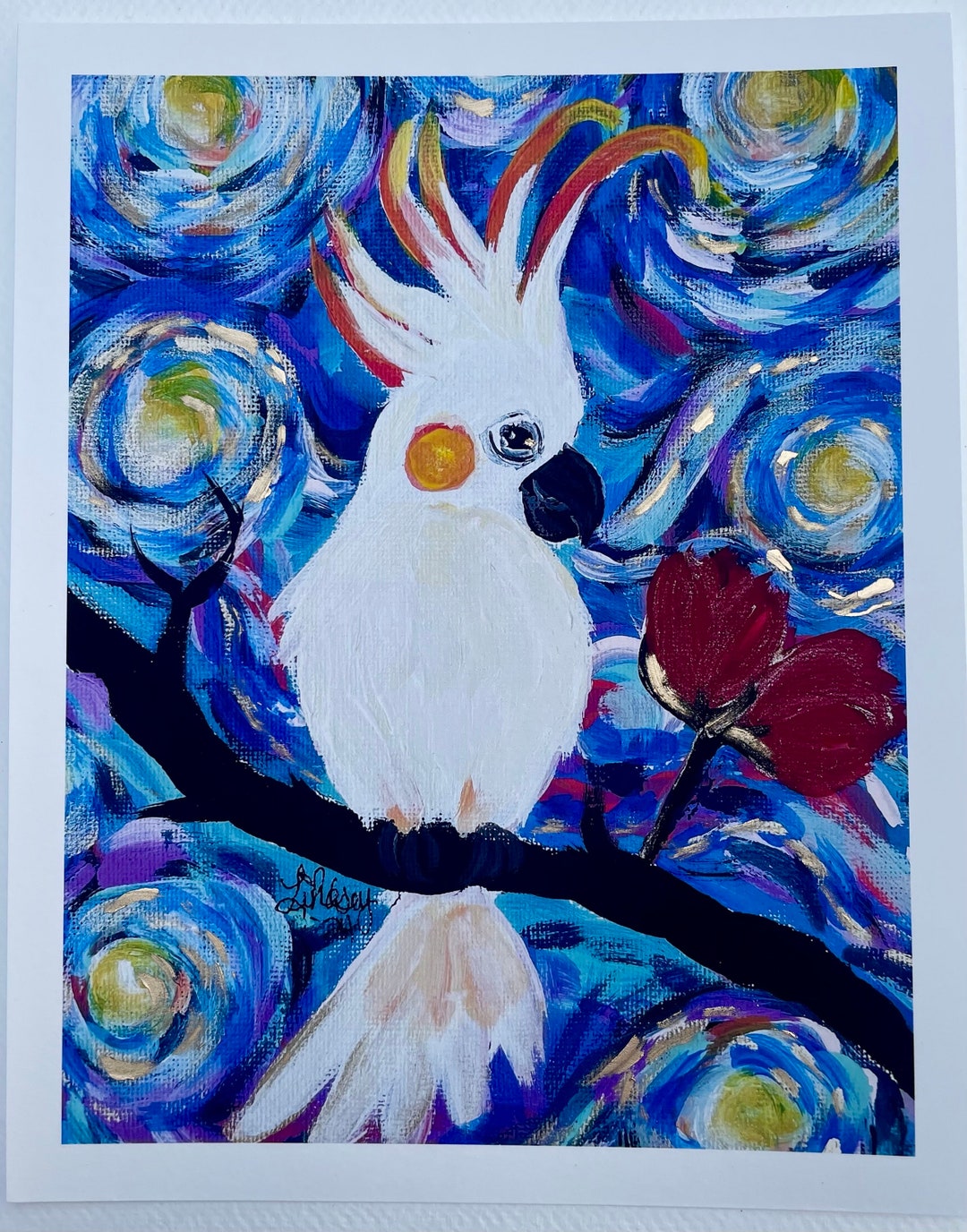 Cockatoo Print, ORIGINAL Cockatiel Art, Starry Night Inspired Painting ...