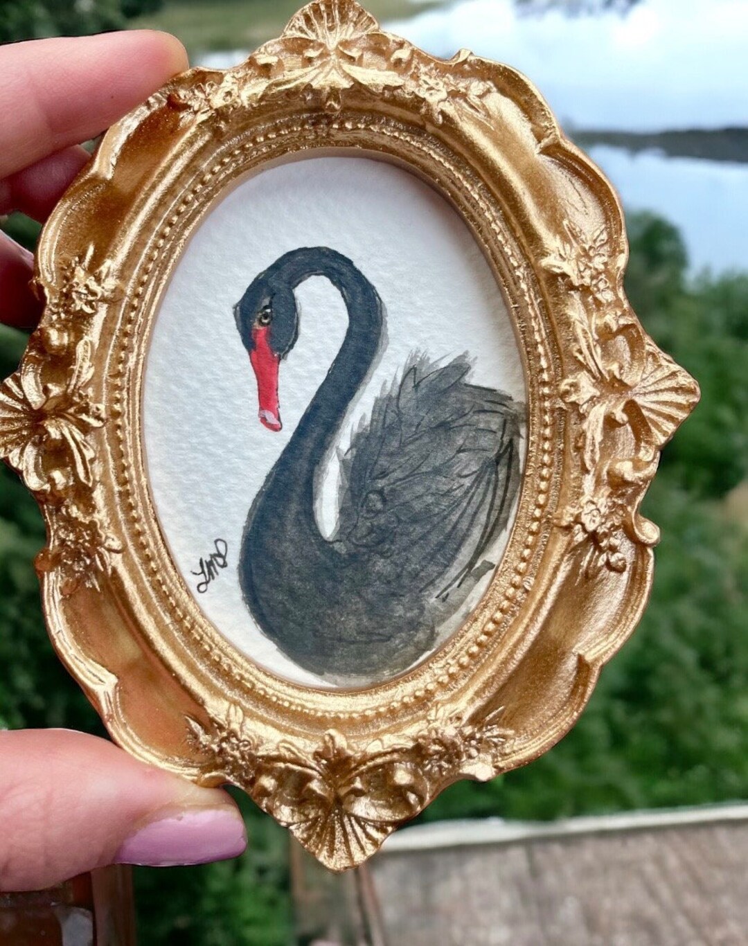 Black Swan Painting, Original Mini Swan Painting, Champagne Gold Frame ...