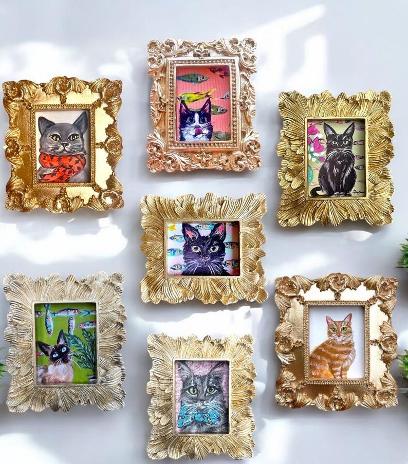 Tiny Framed Cat Print: Original Pet Portrait in Gold Leaf Frame - Etsy