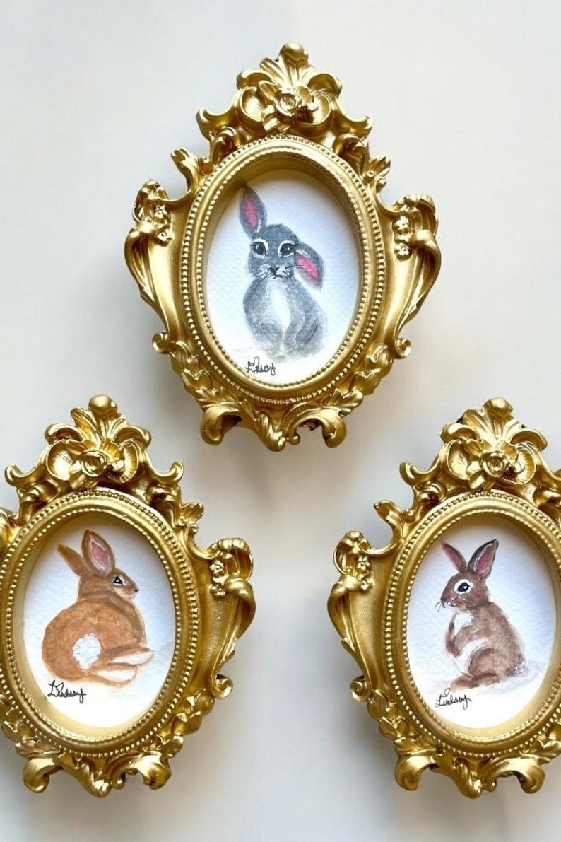 Original Bunny Watercolor Painting in Ornate Gold Frame, Mini Framed ...