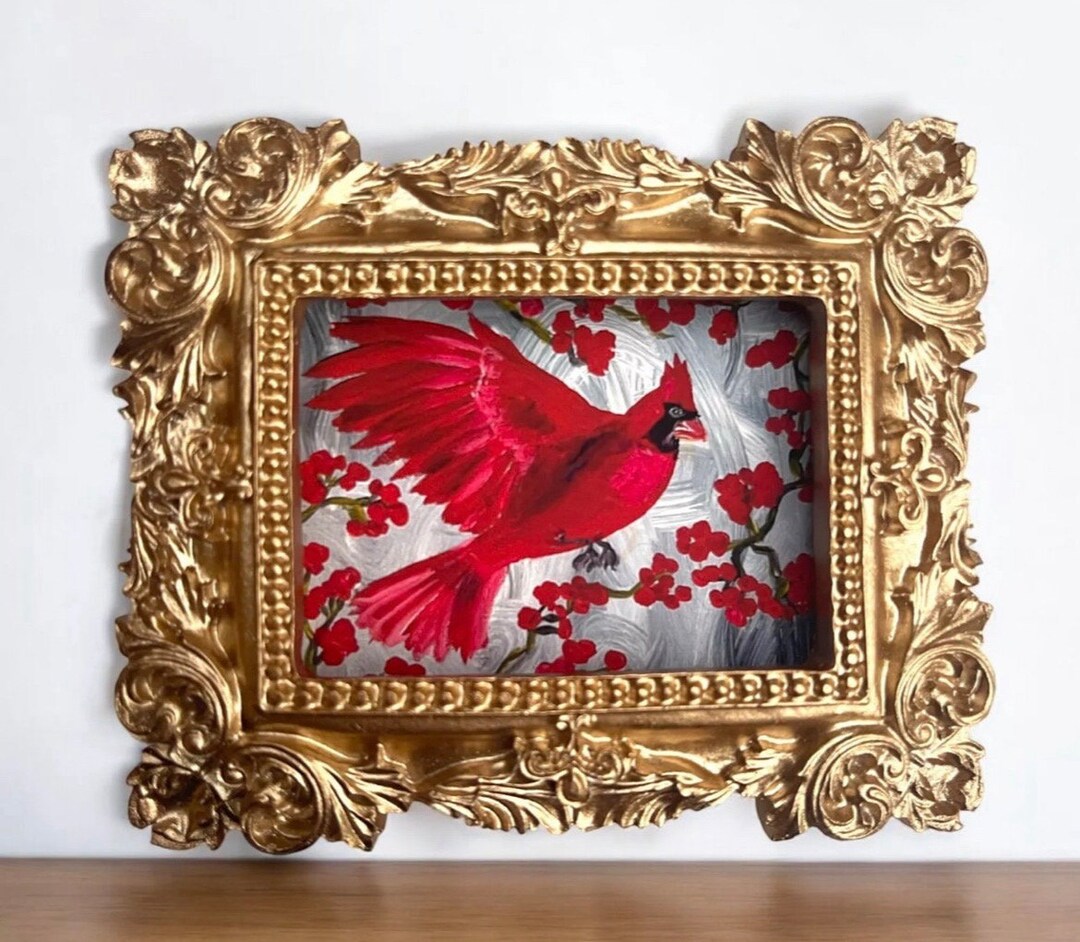 Cardinal Giclee Print: Miniature Gold Leaf Vintage Frame (3.5x4”) - Etsy