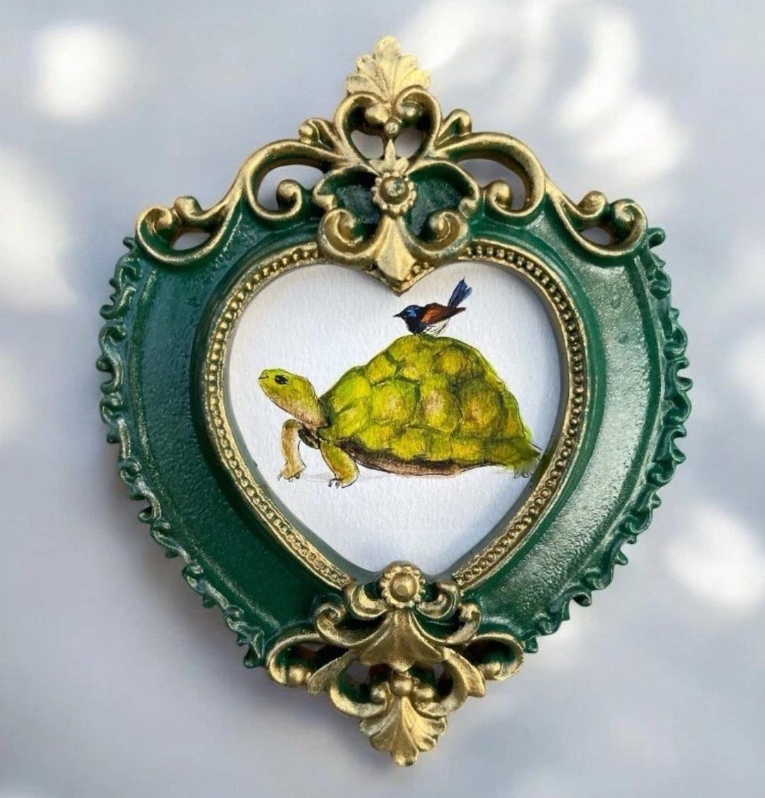 Tortoise & Bird MINI Framed Watercolor Print, Bird on Turtle, Animal Bonding, Bird Lover, Decor ...