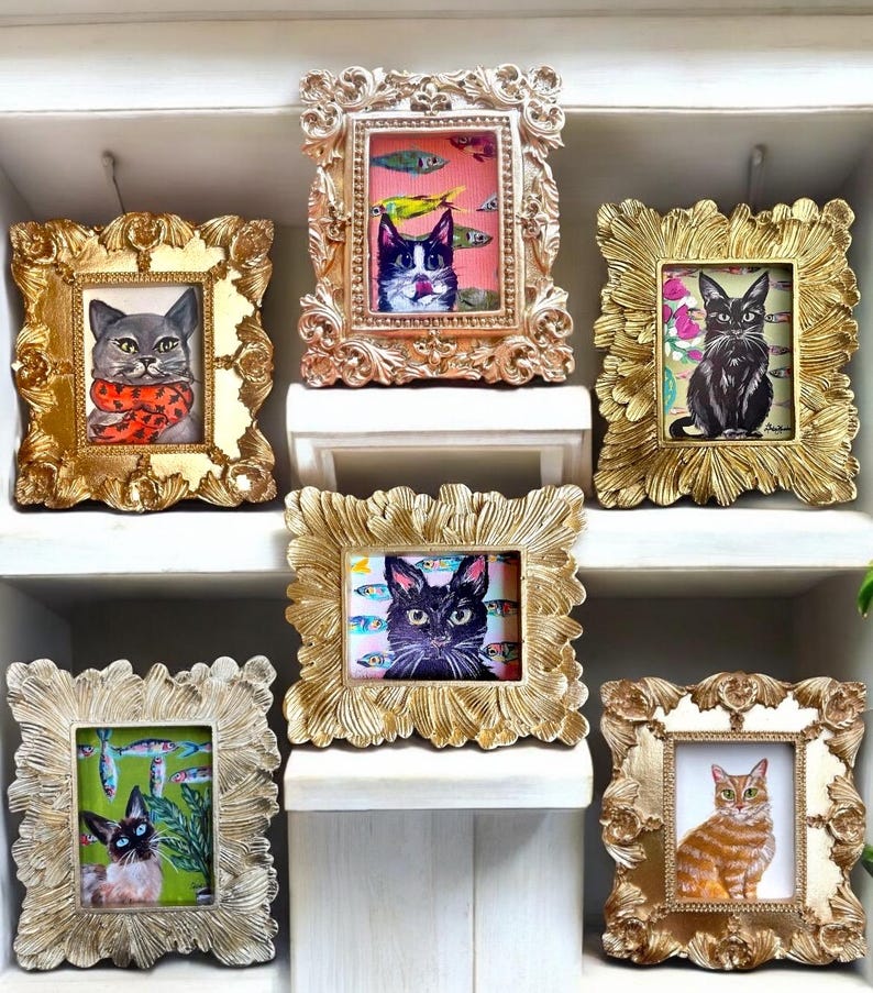 Tiny Framed Cat Print: Original Pet Portrait in Gold Leaf Frame - Etsy