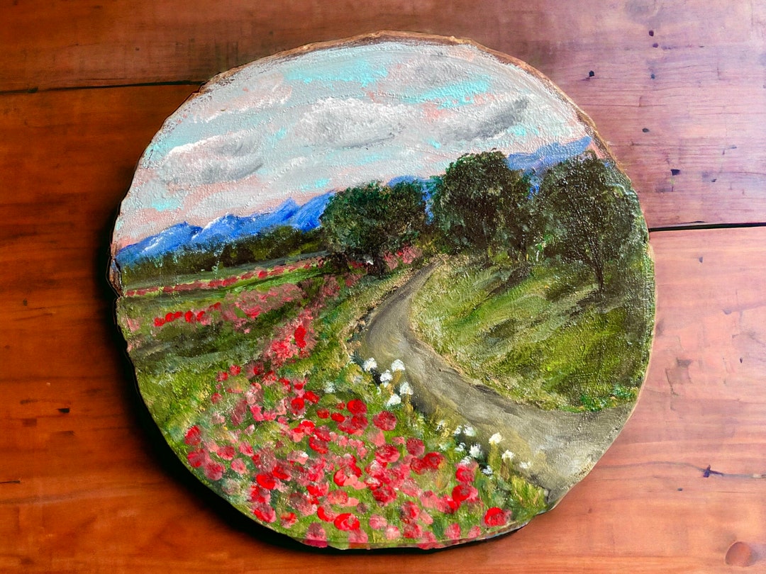 Hand Painted Wood Slice Forest Scene Wood Painting, Wood Slice, Rustic ...