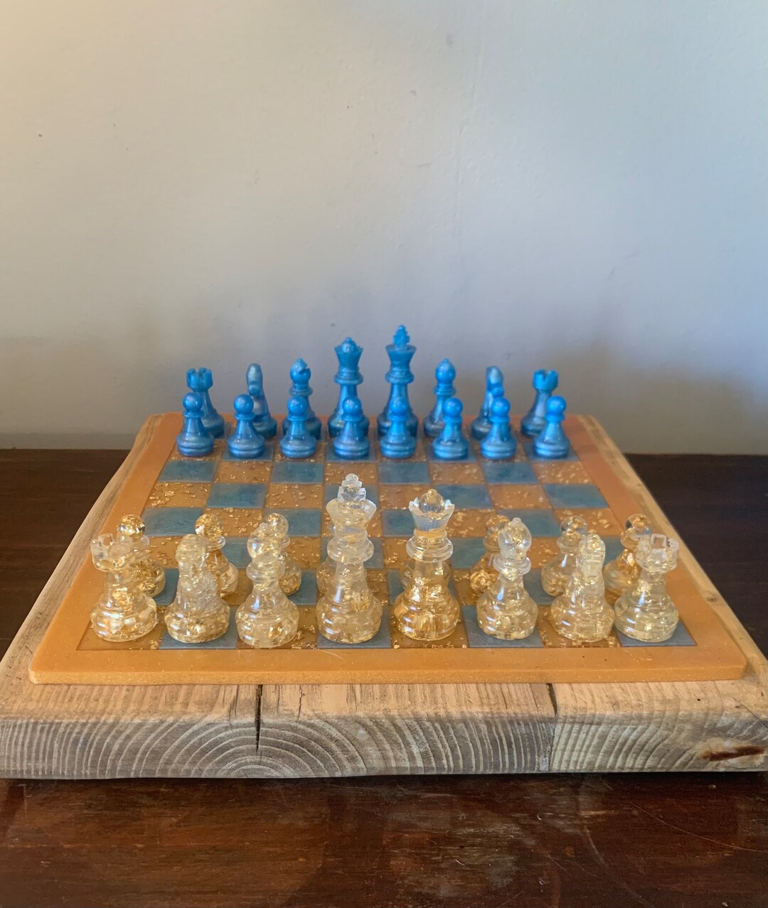 Resin Chess Set, With Chunky Wood Base and Epoxy Resin Pieces With Real ...