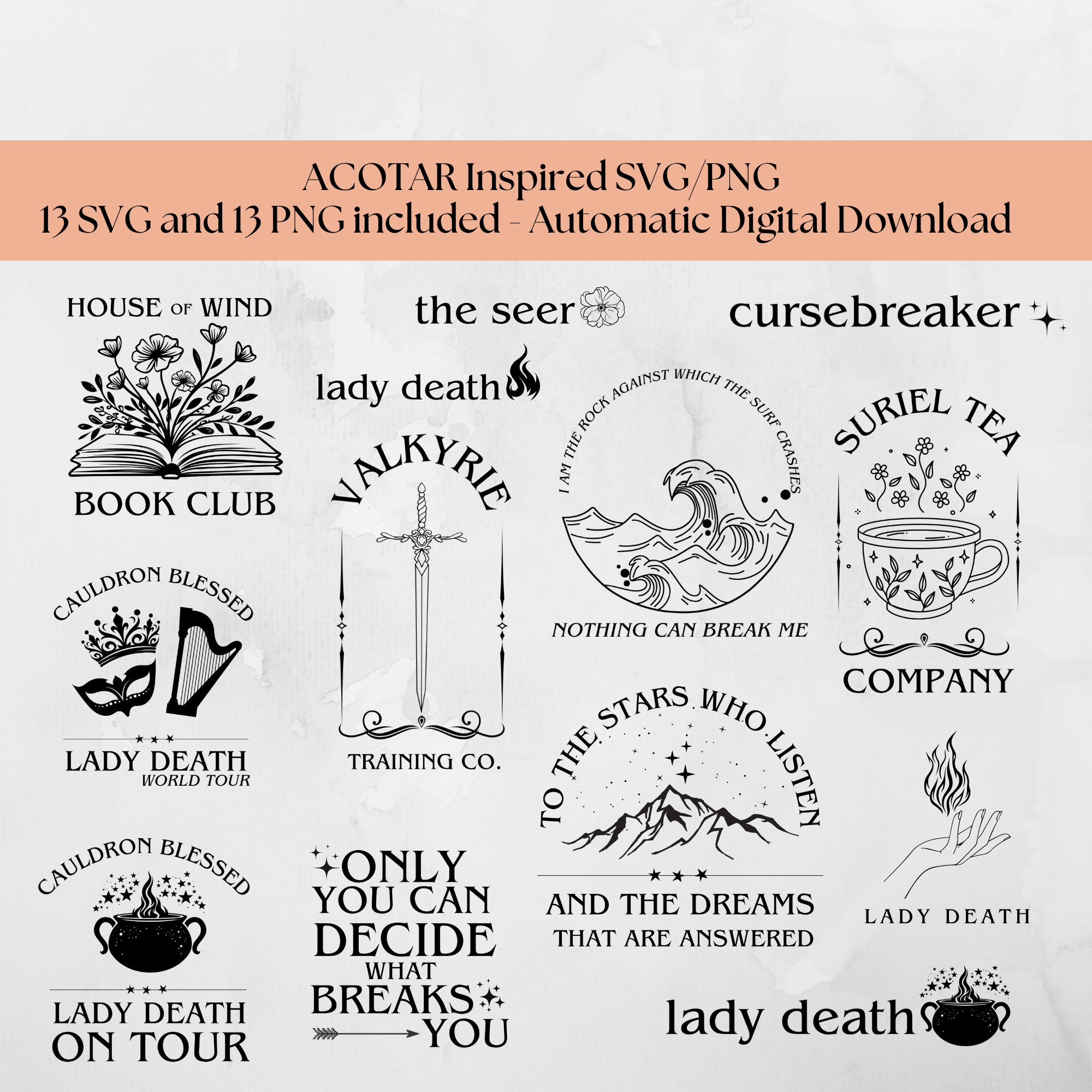 ACOTAR Bundle SVG/PNG: Feyre, Rhys, Nesta, Elain Designs (digital ...