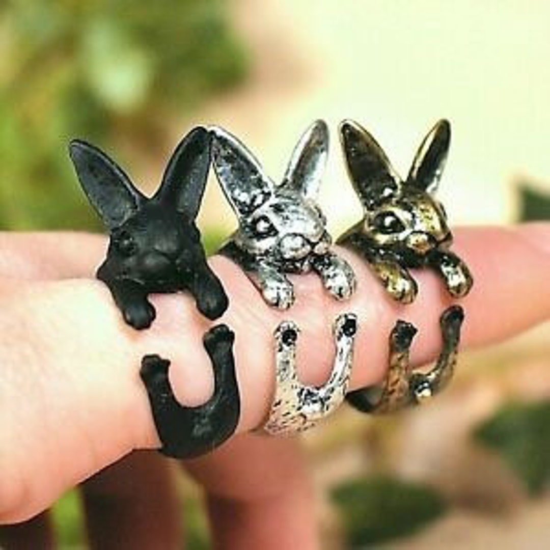 Handmade Bunny Rabbit Adjustable Ring Black Gold or Silver - Etsy
