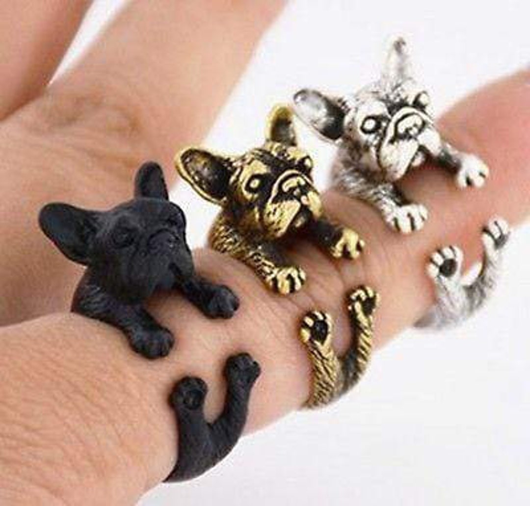 Handmade French Bulldog Adjustable Ring Black Gold or Silver Frenchie ...
