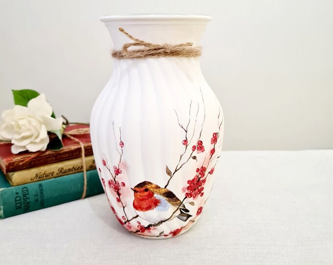 Light up Robin Vase, With Charm Decouoage, Vase, Gifts, Xmas Gifts ...