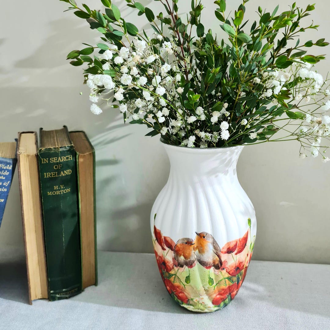 Robin and Poppy Glass Vase, in Loving Memory Floral Poppies Flower Vase ...
