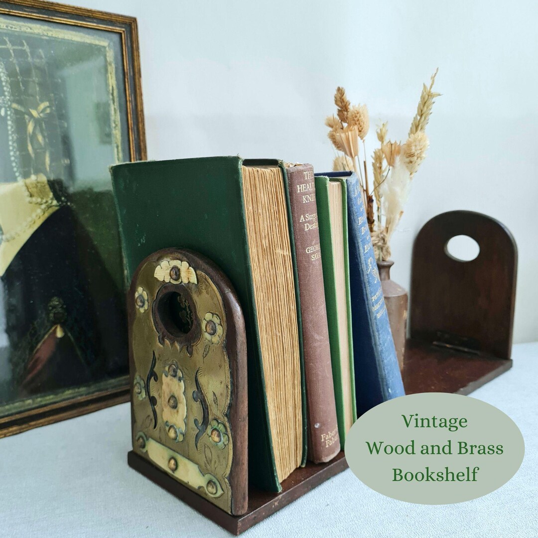 Vintage Wood and Brass Bookends. Decorative Wooden Mantlepiece Book ...