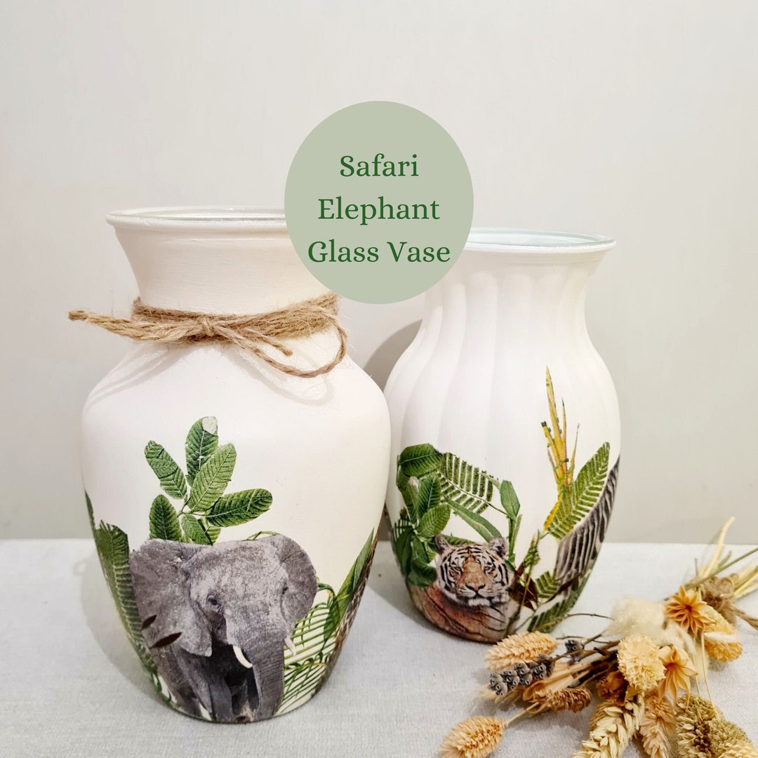 Safari Elephant Glass Vase, Tiger Giraffe Elephant Flower Vase, Jungle ...