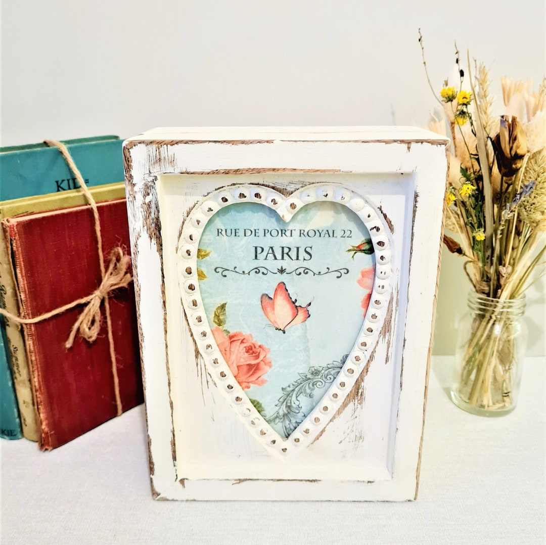 Paris Roses Photo Frame Box, Wood Memory Trinket Box, Floral Keepsake ...