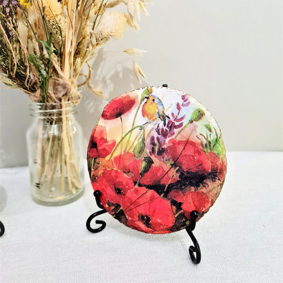 Poppy Robins Slate Coasters Red Floral Poppies Robin Gift - Etsy