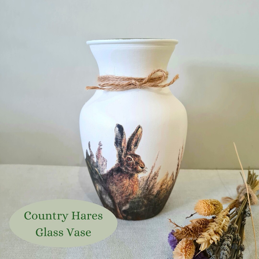 Country Hare Glass Vase, Farmhouse Rabbit Flower Vase, Rabbits Woodland ...