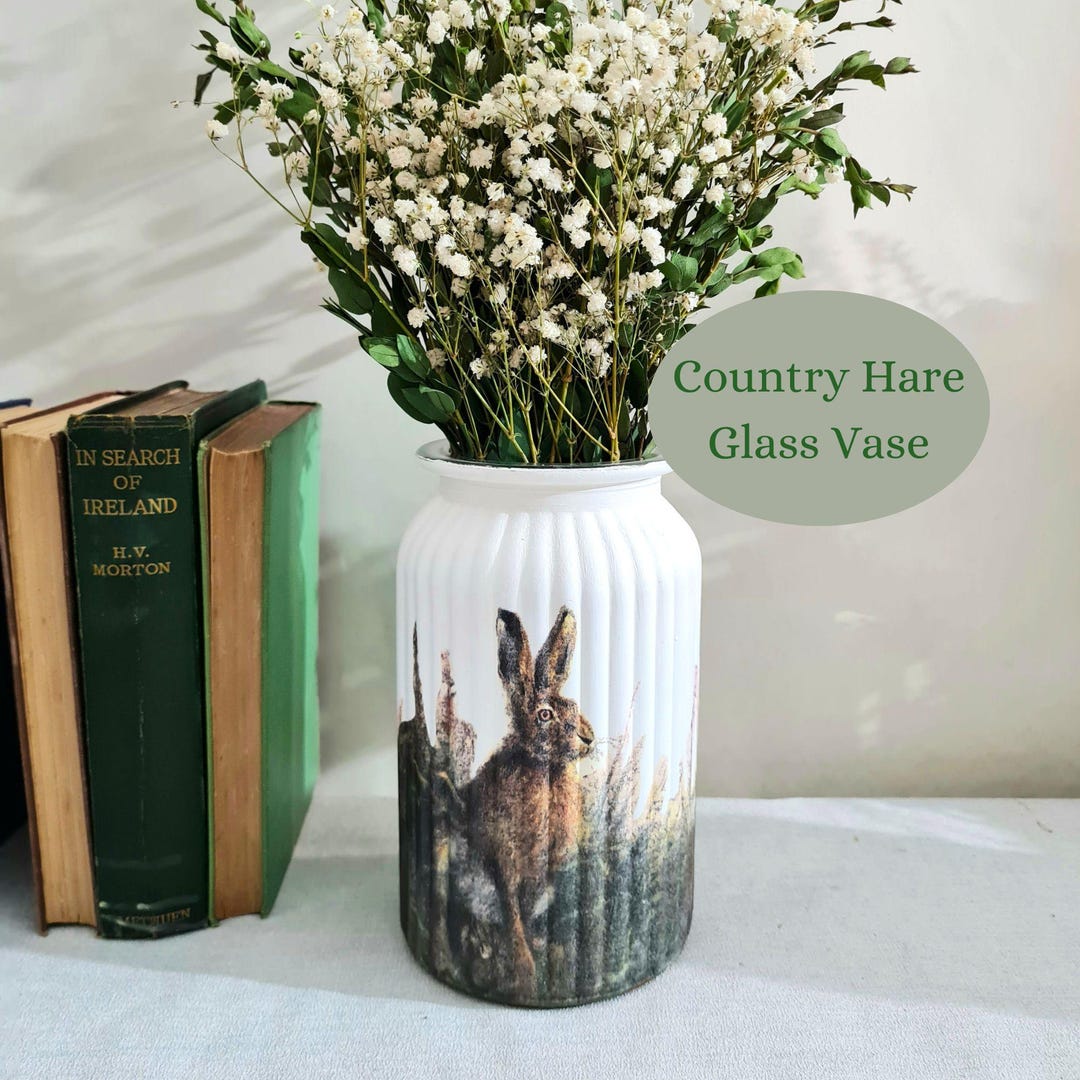 Country Hare Glass Vase, Farmhouse Rabbit Flower Vase, Rabbits Woodland ...